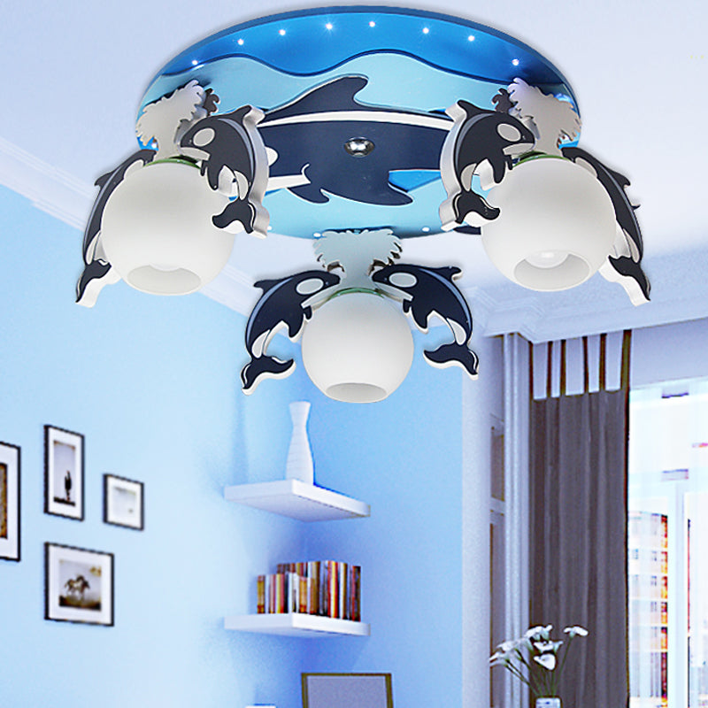 Blue Dolphin Ceiling Mount Chandelier Kids 3 Bulbs Wood Flush Pendant ...
