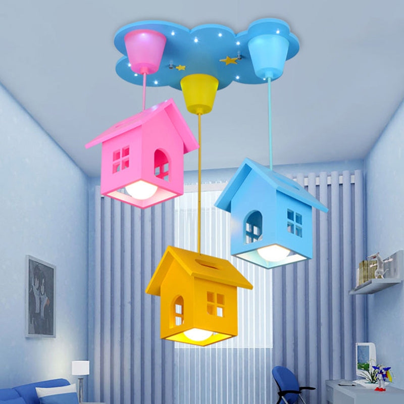 Blue House Shaped Hanging Light Kids 3 Bulbs Wooden Multi Light Pendant ...