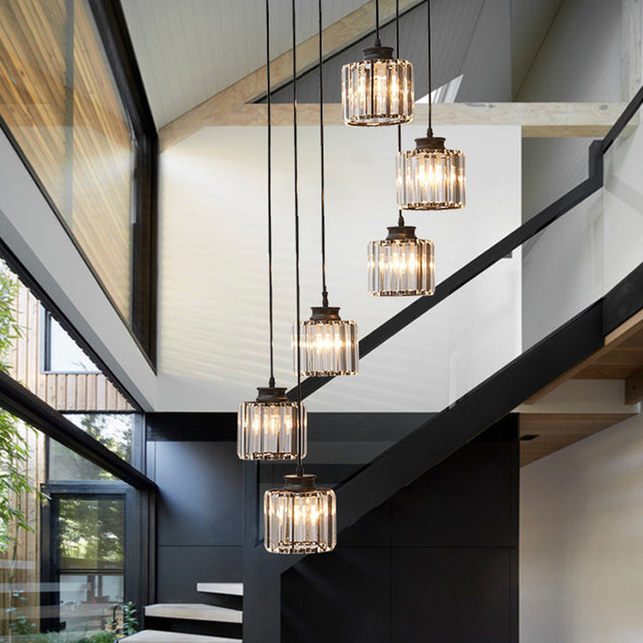 Cylinder Staircase Multi Ceiling Light Clear Crystal Modern Suspension ...
