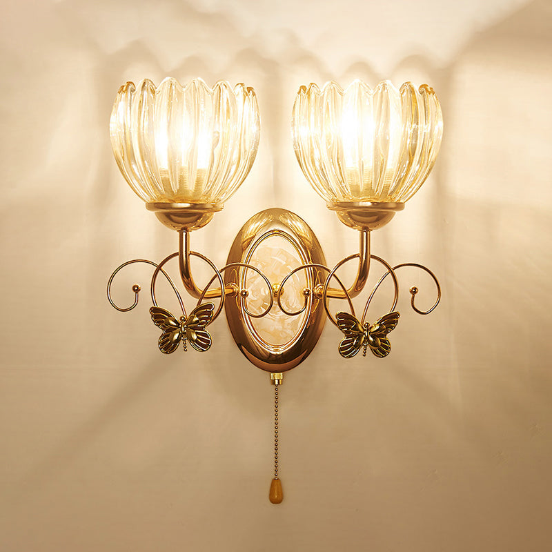 Floral Living Room Wall Mount Light Traditional Textured Glass Gold ...