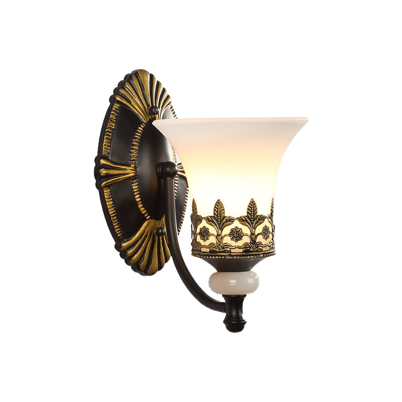 Black Bell Wall Mounted Light Traditional White Glass Shade 1/2-Light ...