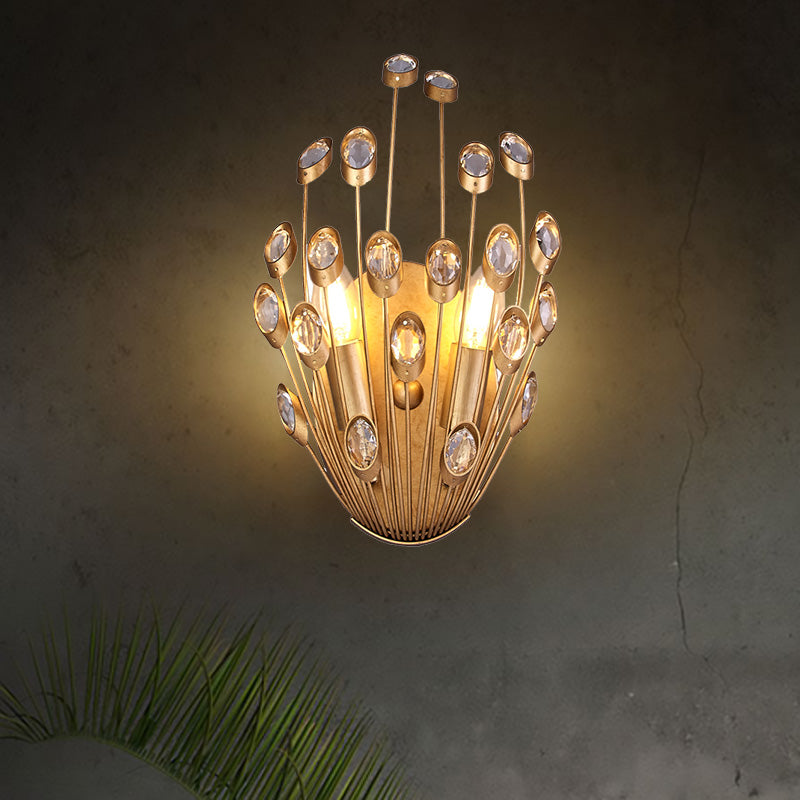 Open Bulb Wall Mounted Lamp Vintage Style Clear Crystal 2 Heads Brass ...