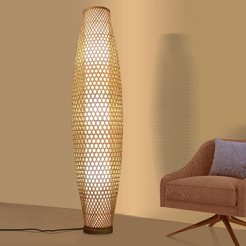 Elongated Oval Stand Up Lamp Asia Bamboo 3 Heads Wood Floor Lighting ...