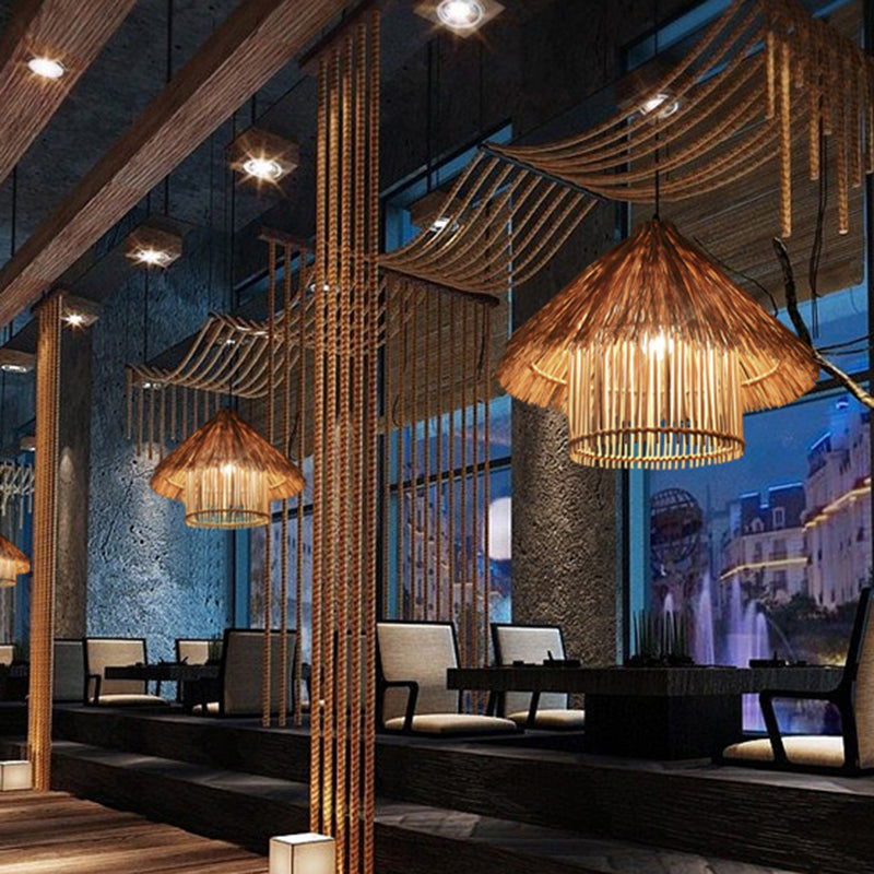 Rattan Shaded Ceiling Light Asian Style 1 Bulb Wood Hanging Lighting ...