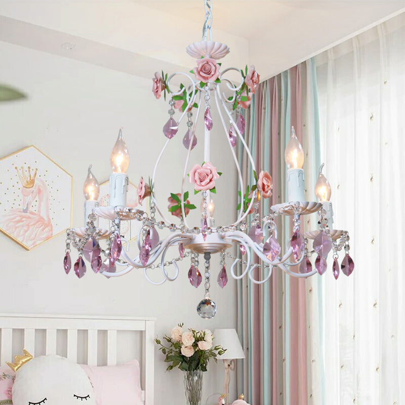 White Candlestick Chandelier Romantic Pastoral Iron Bedroom Ceiling ...