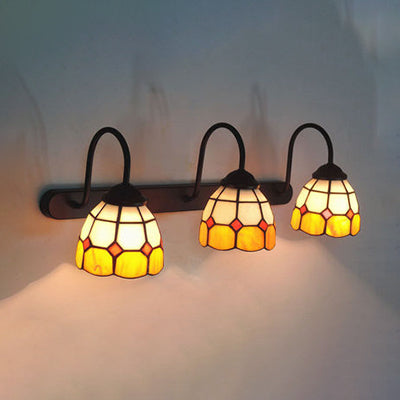 3 Heads Grid Patterned Wall Light Fixture Tiffany Blue/Yellow Glass ...