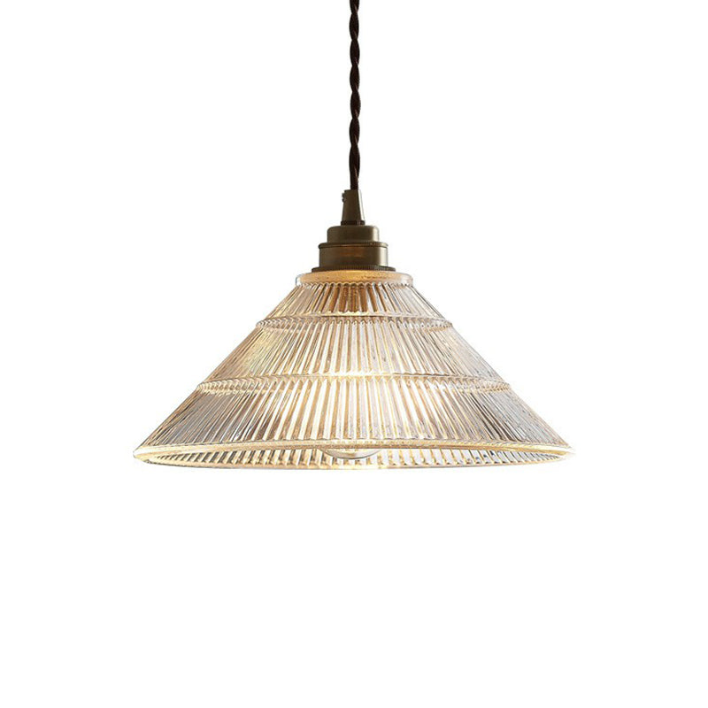 Industrial Conical Ceiling Light Single Clear Ribbed Glass Hanging ...