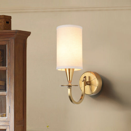 Brass Cylinder Sconce Light Retro Fabric Shade 1/2-Light Bedroom Wall ...