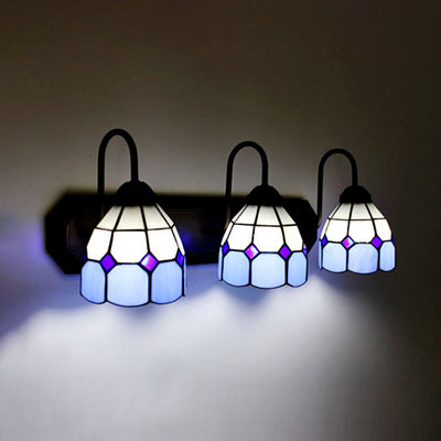 3 Heads Grid Patterned Wall Light Fixture Tiffany Blue/Beige Glass ...
