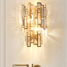 Gold Curved Sconce Light Fixture Postmodern 2-Bulb Crystal Rectangle ...