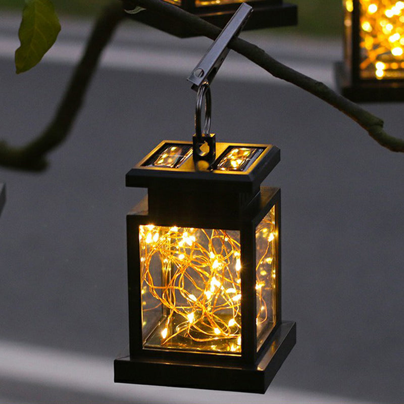 Clear Glass Lantern Pendant Light Artistic Black LED Solar Hanging ...