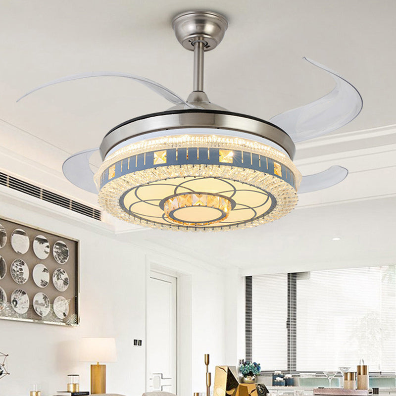Crystal Round Hanging Fan Light Minimalist Blue Remote Control LED Semi ...
