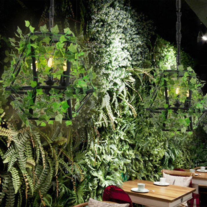 3-Light Iron Ceiling Chandelier Industrial Green Fake Plant and Cage ...