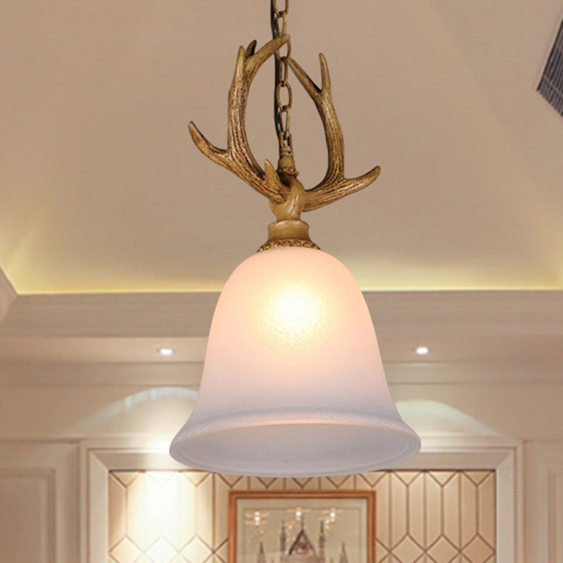 1 Light Bell Ceiling Pendant Light Rustic White Glass Hanging Lamp with ...