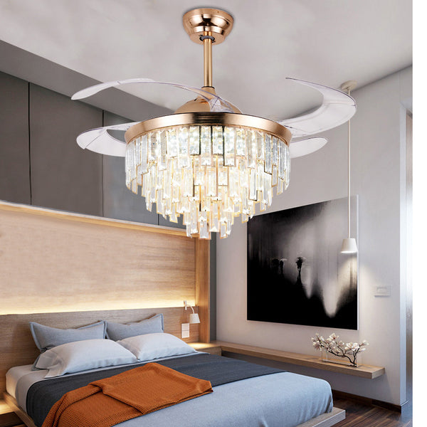 4 Blades Multi-Tiered Tapered Ceiling Fan Lighting Modern Crystal Prism ...