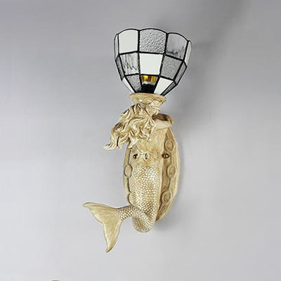 Resin Mermaid Wall Sconce Light with Grid Glass Shade 1 Head Lodge Wall ...