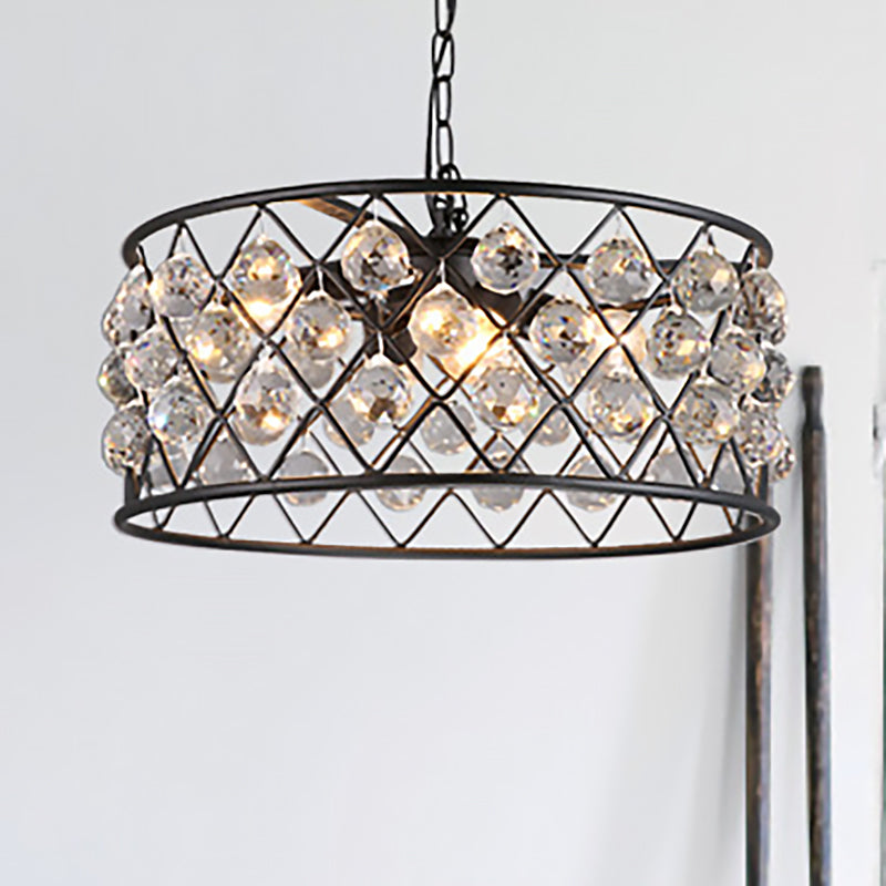 Round Iron Frame Ceiling Light Modern Metal and Crystal 4 Lights Black ...