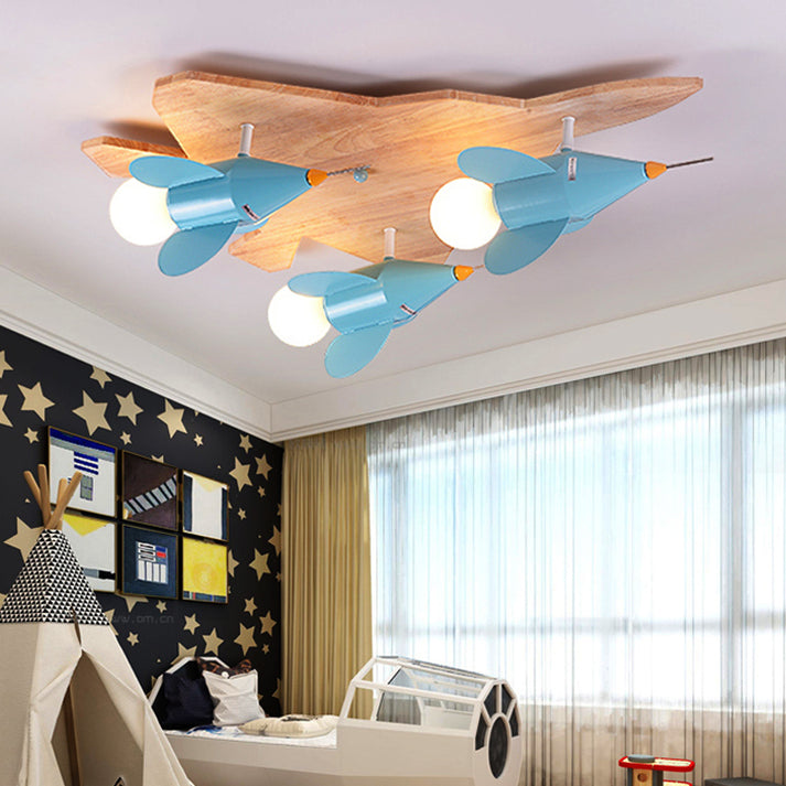 Fighter Airplane Kindergarten Flush Mount Ceiling Light Wood Cartoon ...