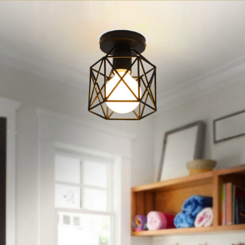 Prismatic Wire Cage Ceiling Mount Light Fixture Retro Black Metal ...