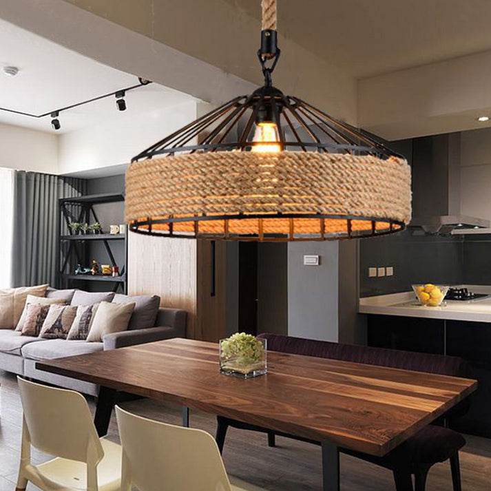 Metal Beige Hanging Light Fixture Drum Industrial Pendant Light Fixture ...