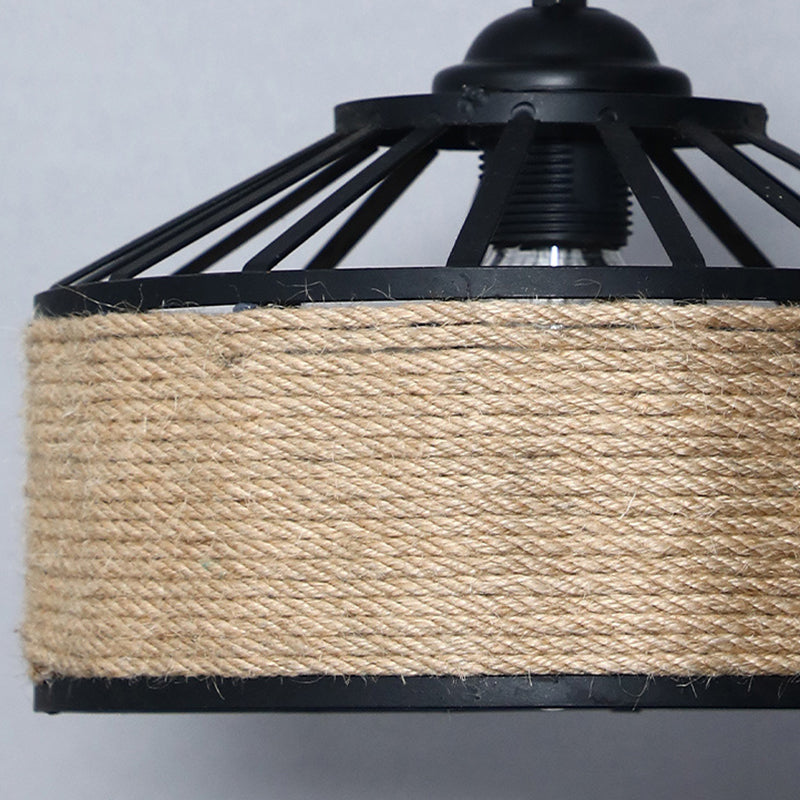 Wrought Iron Barn-Shaped Pendant Lighting Fixture Rural Hemp Rope ...