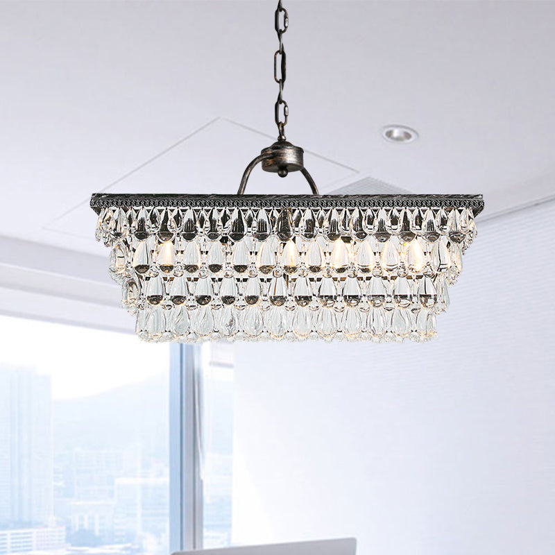 Silver Rectangle Hanging Ceiling Light Modernism Teardrop Crystal 4/6 ...