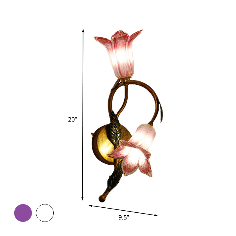 Swooping Arm White/Purple Glass Wall Lamp Countryside 2 Lights Bedroom ...