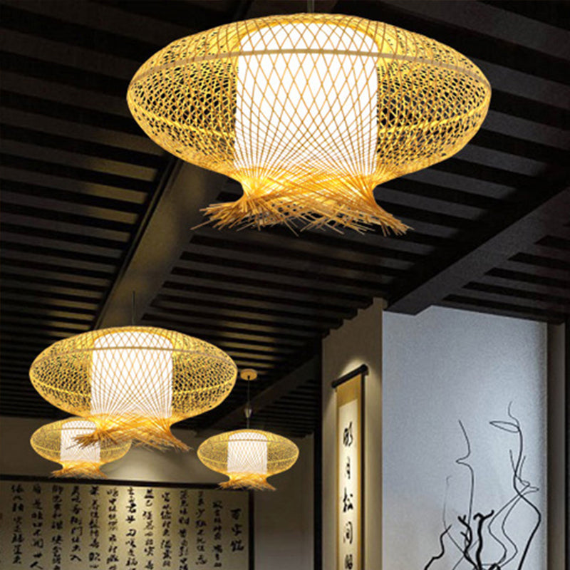 Oval Pendant Lamp Asia Bamboo 1 Bulb Khaki Ceiling Hanging Light with ...