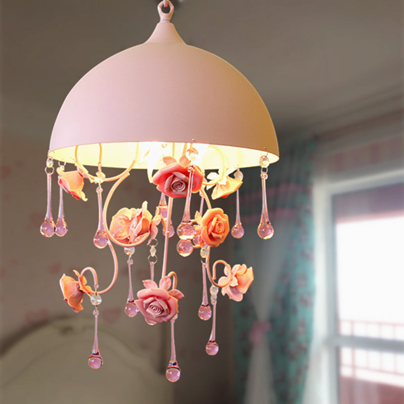 1 Light Dome Pendant Lamp Pastoral Pink Metal Rose Hanging Light ...