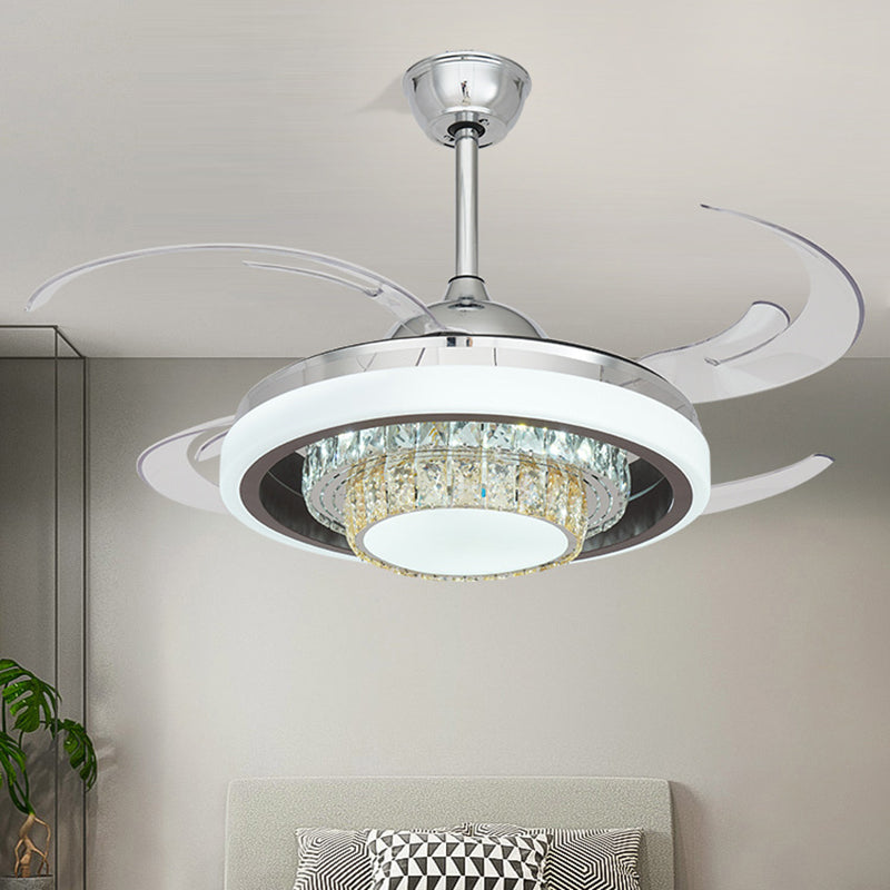 LED Metal Hanging Fan Light Modern Silver Round Living Room Semi Flush ...