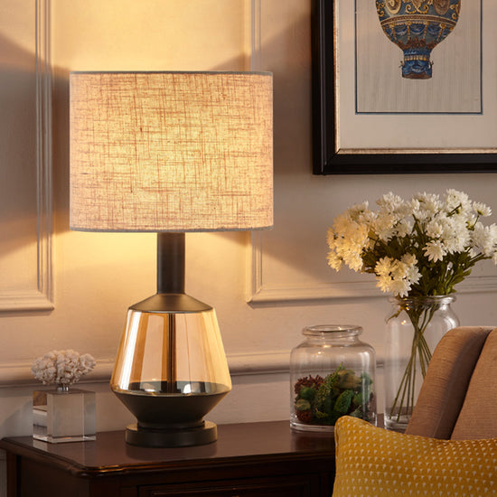 White/Beige Cylinder Fabric Nightstand Light Modern 1 Head Amber Glass ...