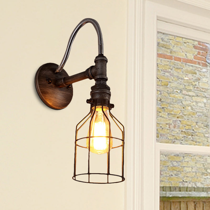 Warehouse Caged Wall Light Fixture with Gooseneck Arm 1 Light Metal ...