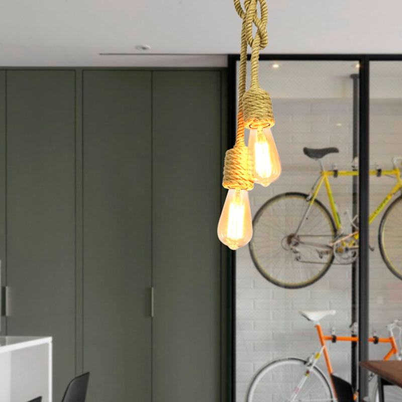 2 Lights Knots Rope Hanging Lighting Vintage Beige Exposed Bulb Living ...