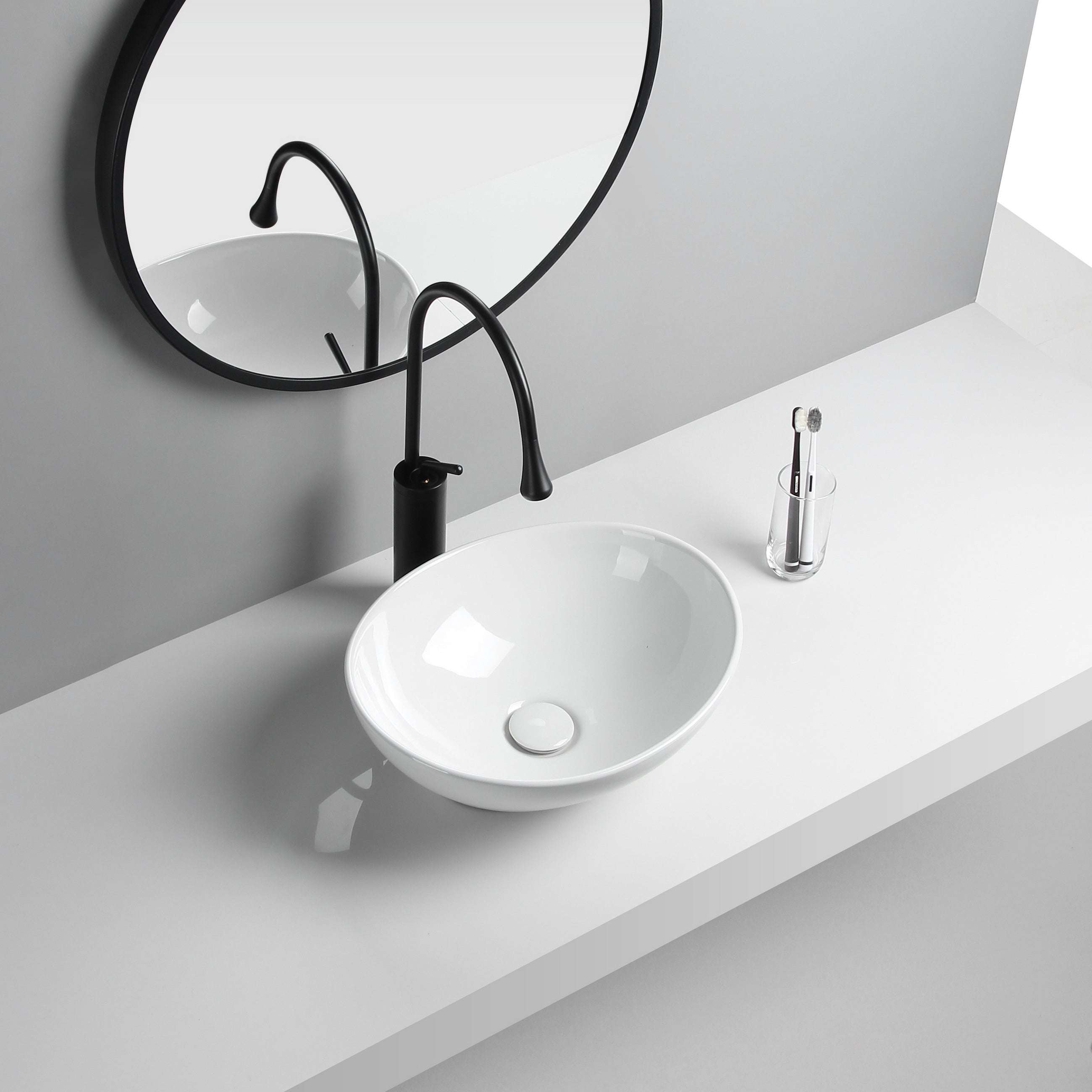 Modern Vessel Lavatory Sink Porcelain Oval with Faucet and Drain ...