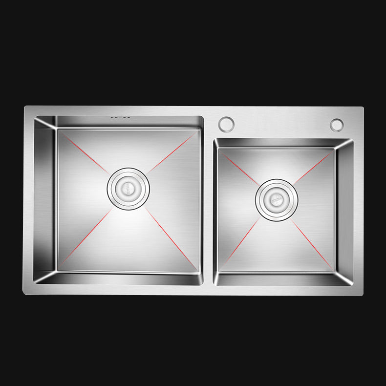 Double Basin Kitchen Sink with Basket Strainer 2 Holes Contemporary ...