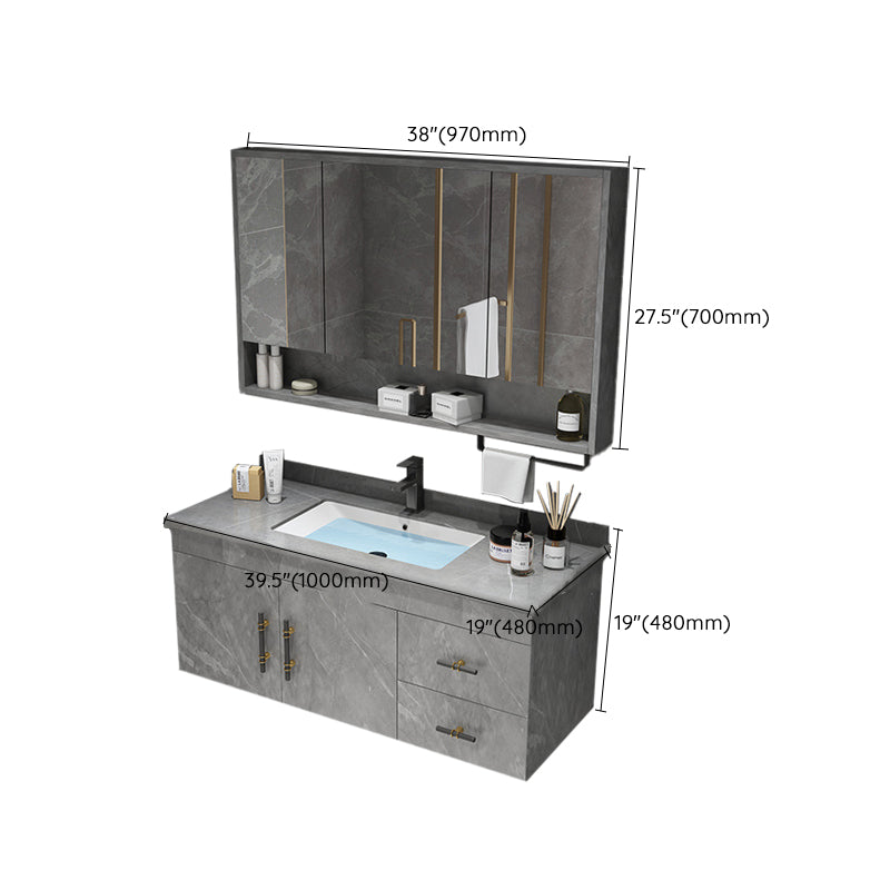Stone Top Vanity Set Single Sink Mirror Drawers Wall-Mounted Rectangle ...
