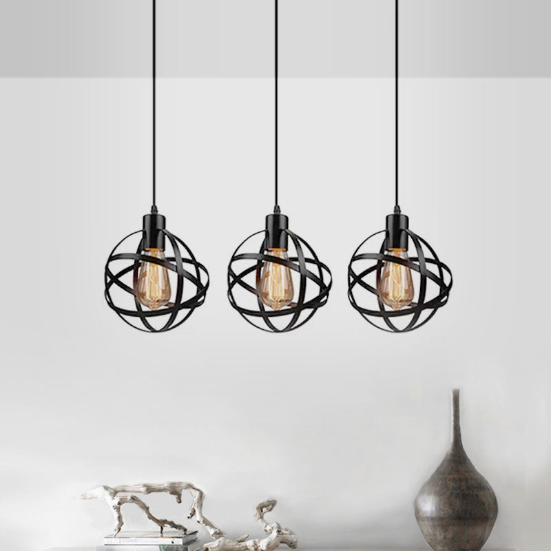 3 Lights Spherical Pendant Light Fixture Industrial Black Metal Hanging ...