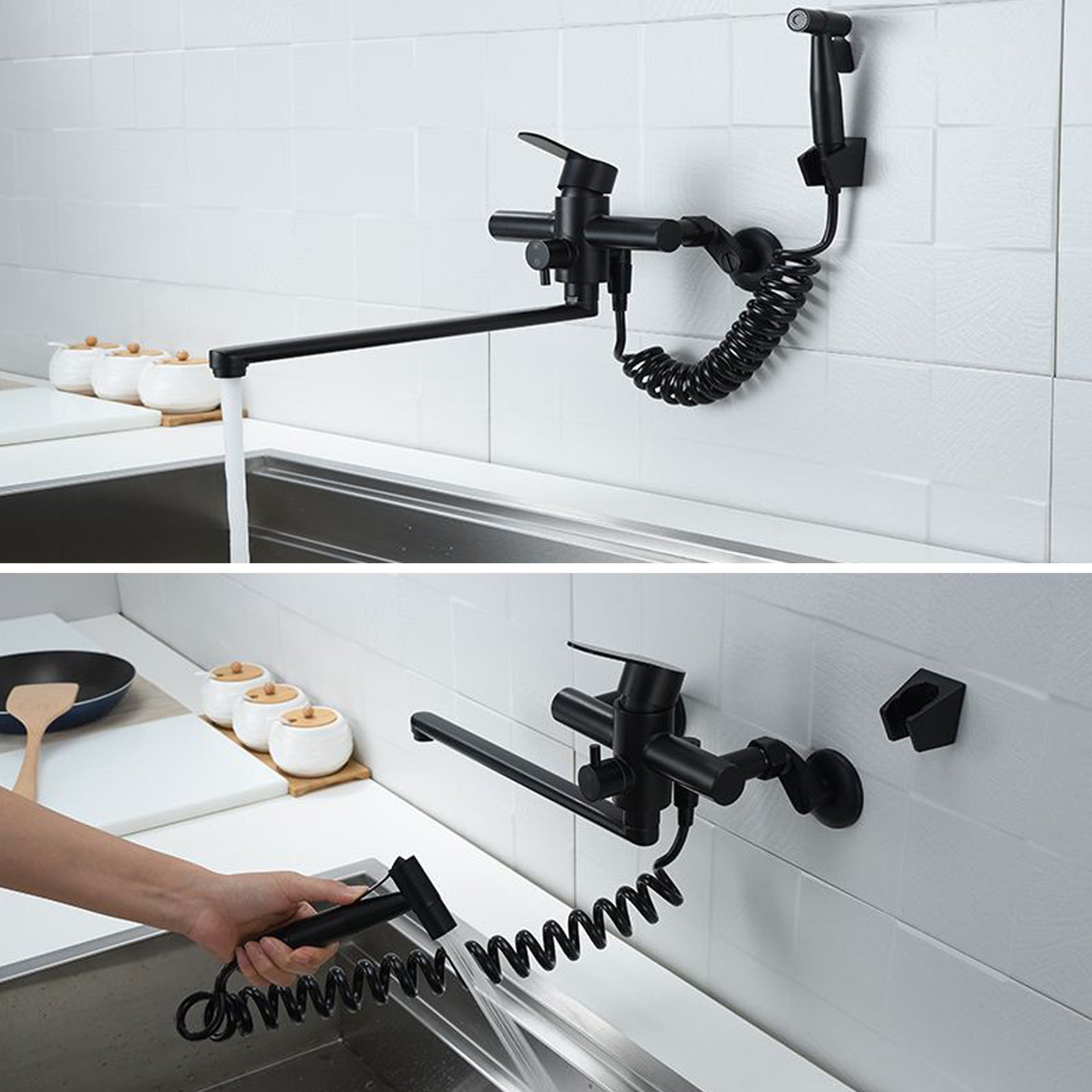 Low Profile Bridge-Style Kitchen Faucet 304 Stainless Steel Swivel ...