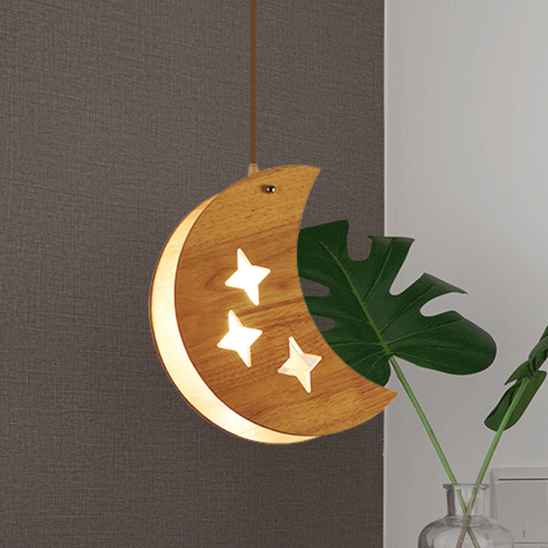 Wood Dual Star/Moon Panel Pendant Light Cartoon 1 Light Suspension Lamp ...