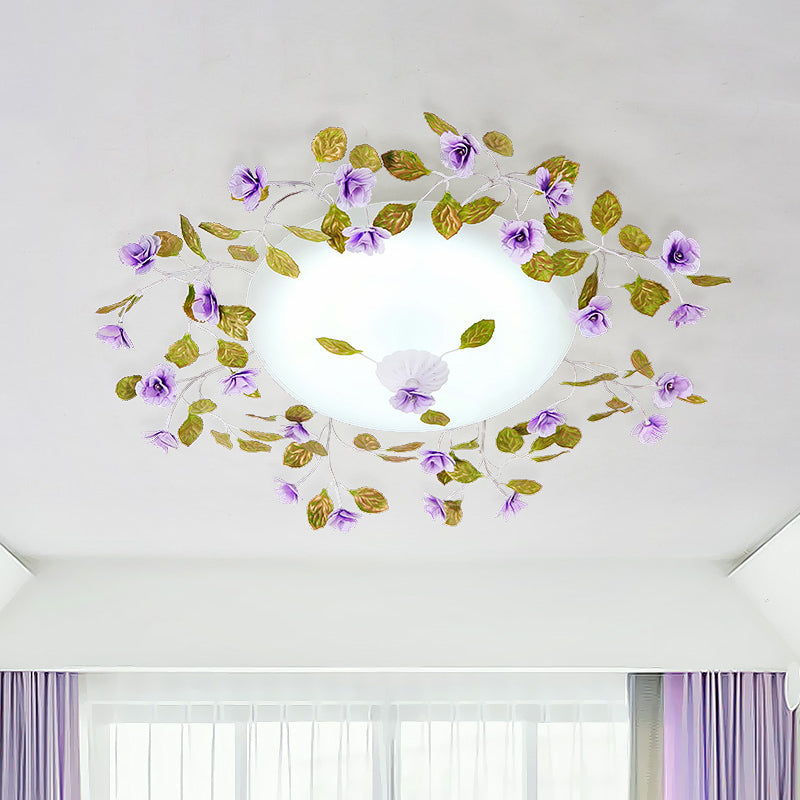 LED White Glass Semi Flush Countryside Purple Domed Bedroom Flush ...