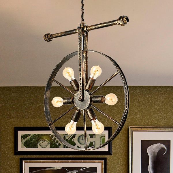 6 Lights Round Pendant Light Fixture with Wheel Design Farmhouse Style ...