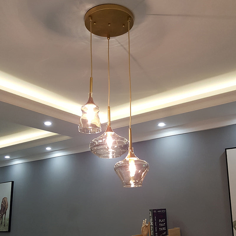 Clear/Cognac Glass Wavy Multi Ceiling Light Modernism 3 Bulbs Gold ...