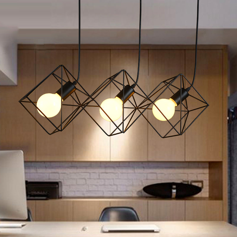Iron Black Multiple Hanging Light Cube Cage 3 Bulbs Industrial-Style ...