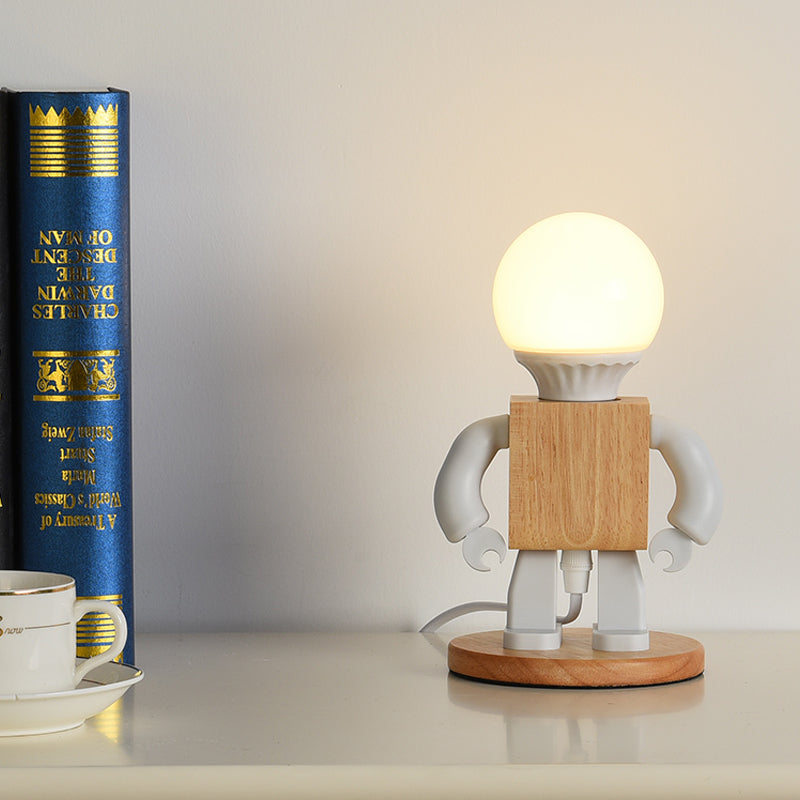 Metal Robot Shape Nightstand Light Cartoon 1 Light White and Wood Night ...