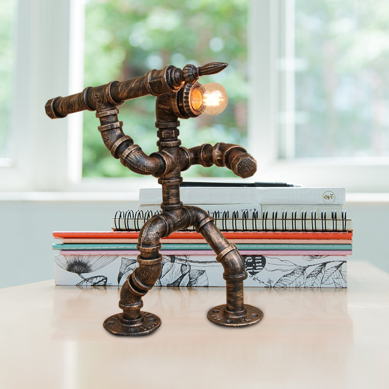 1 Light Table Lighting with Pipe Man and Bare Bulb Wrought Iron Vintage ...