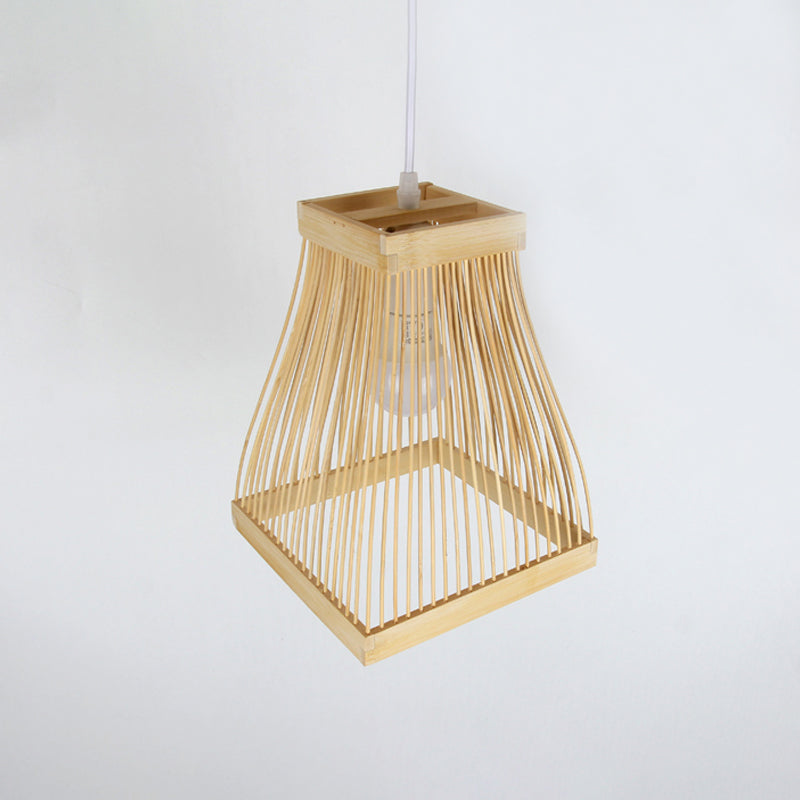 Wood Trapezoid Frame Ceiling Lamp Fixture Asian 1-Bulb Bamboo Strip LED ...