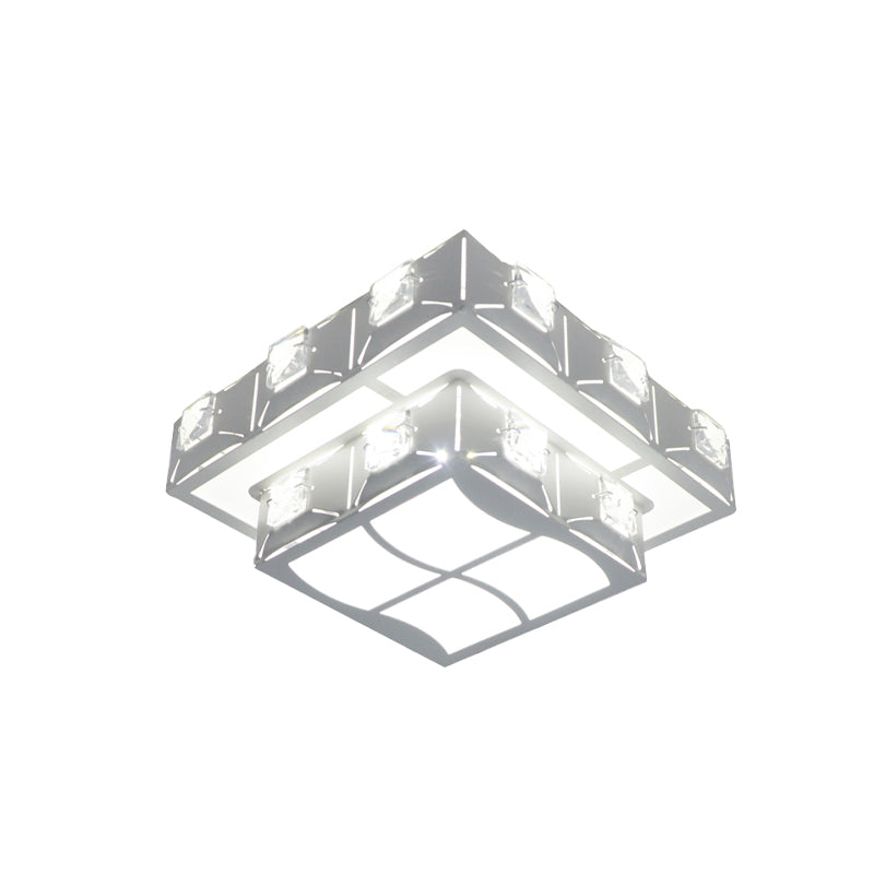 White 2-Tier Square Ceiling Lighting Modern Crystal Embedded Corridor ...