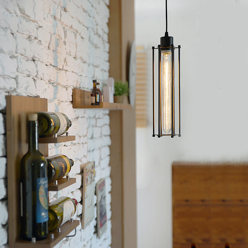 Cylinder Indoor Hanging Ceiling Light Vintage Style Metal 1 Head Black ...