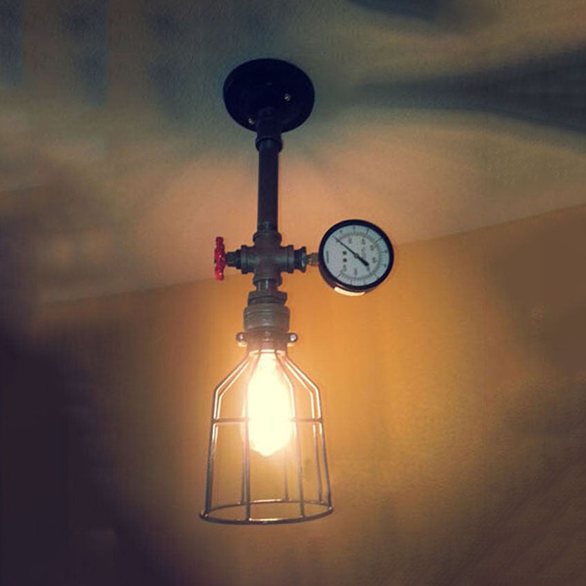 1 Light Tapered Cage Ceiling Light with Valve and Gauge Vintage Style ...