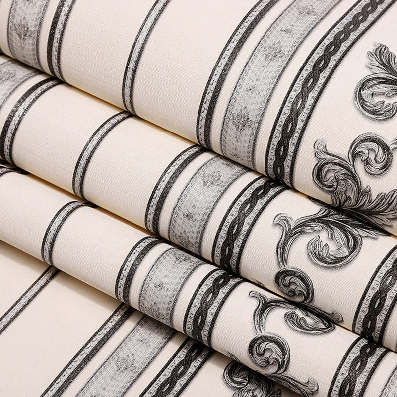 Vinyl Water-Resistant Wallpaper with Natural Color Stripe and Floral ...
